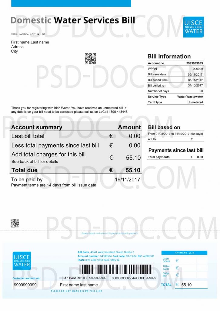 Utility bill Water - Ireland - PSD Store