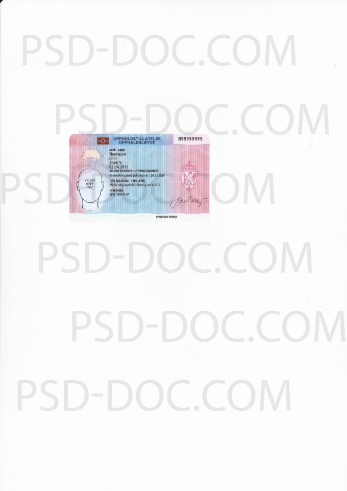 Residence Permit Norway front side - PSD Store