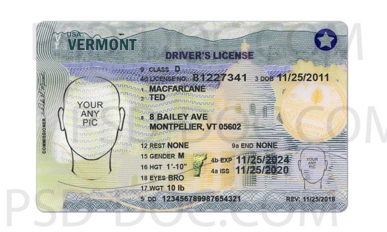 USA Vermont Driver License front + back - PSD Store
