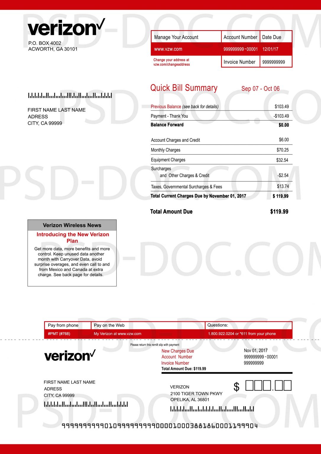 Utility bill Verizon - USA - PSD Store