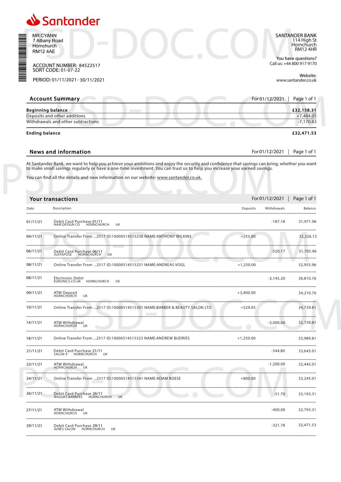 Bank statement UK - Santander - PSD Store