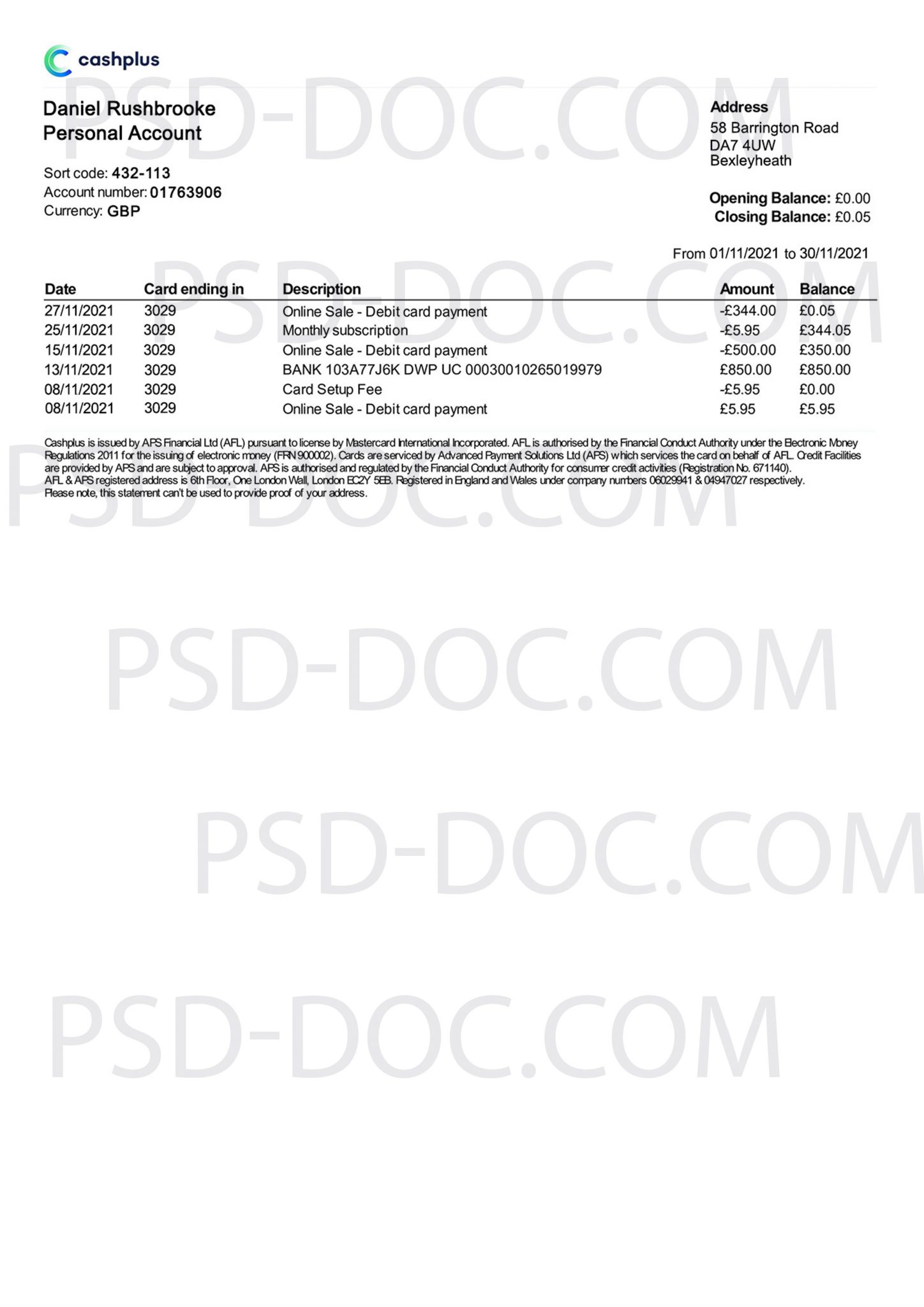 Bank statement UK - CashPlus - PSD Store