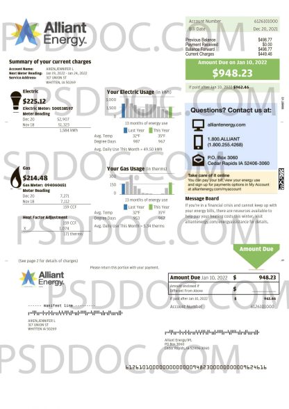 Utility bill USA - Alliant Energy (energy) - PSD Store
