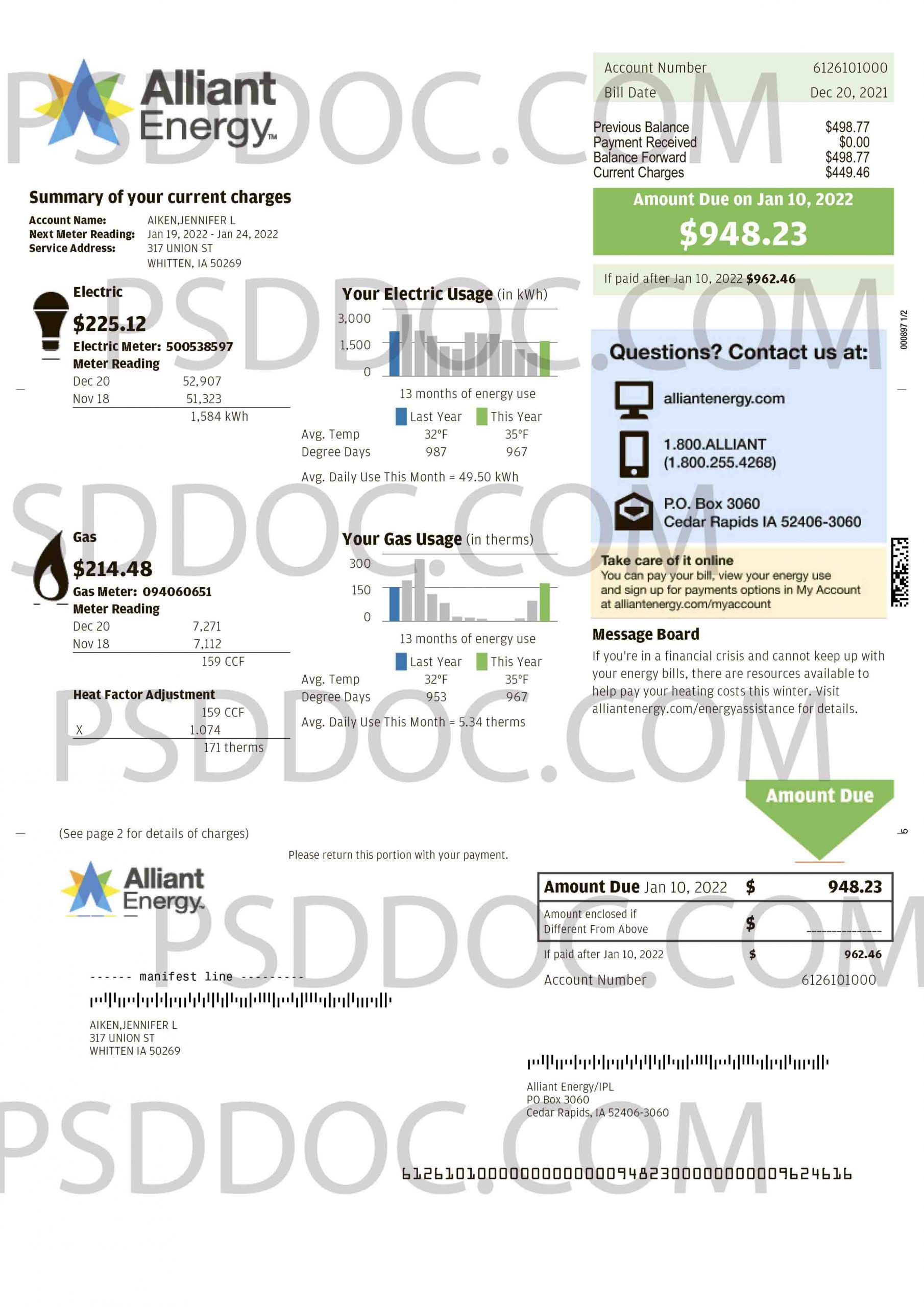 Utility bill USA - Alliant Energy (energy) - PSD Store