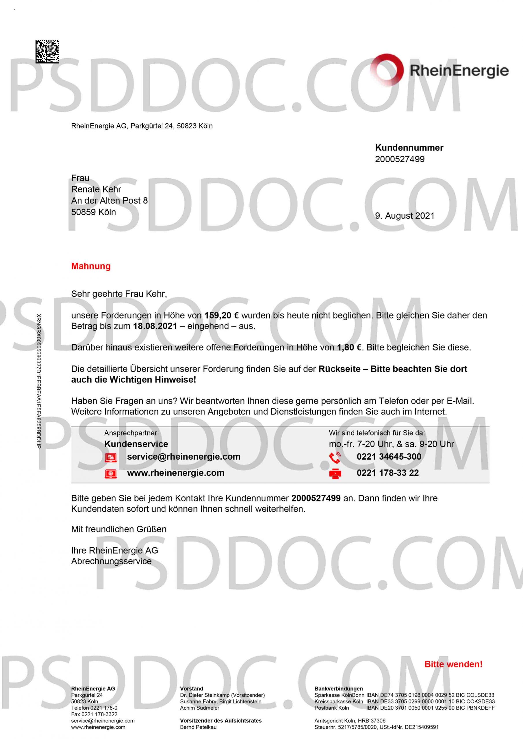 Utility bill Germany - RheinEnergie (energy) - PSD Store