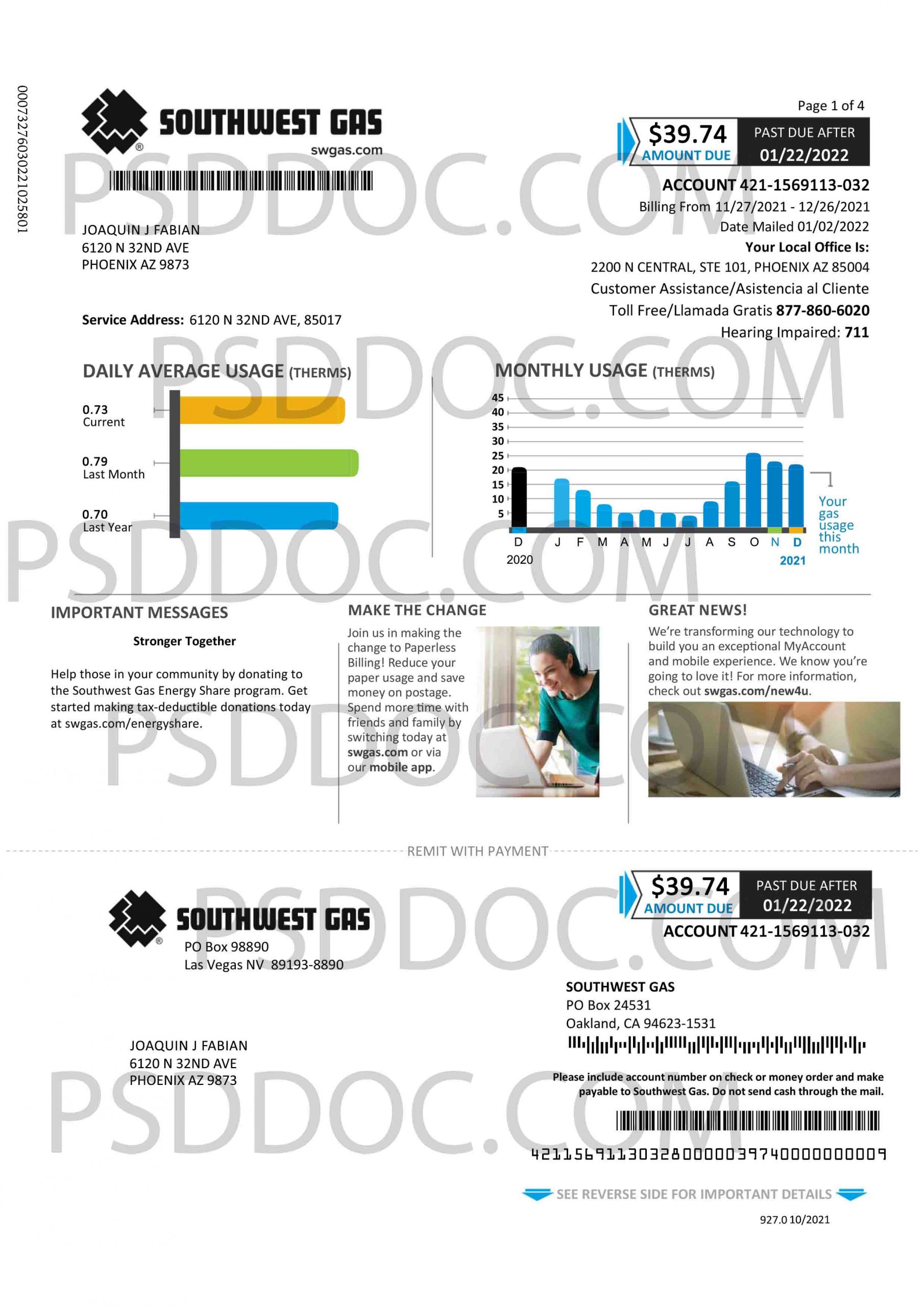 Utility bill USA - SouthWest Gas (gas) - PSD Store