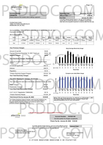 Utility bill Canada - Alectra (electrycity) - PSD Store
