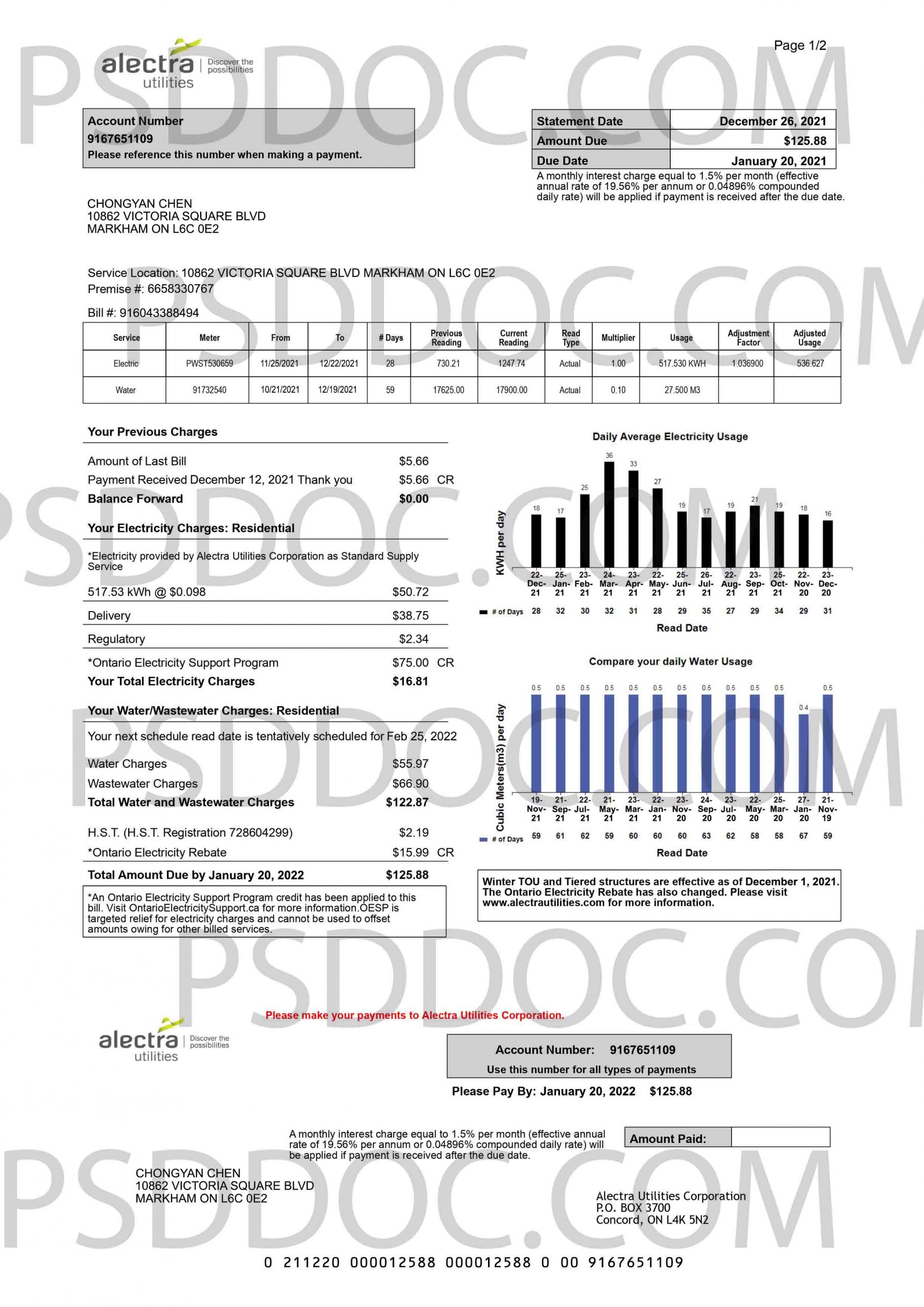 Utility bill Canada - Alectra (electrycity) - PSD Store