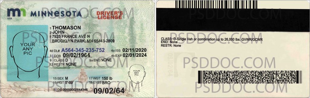 USA Minnesota Driver License front back sides - PSD Store