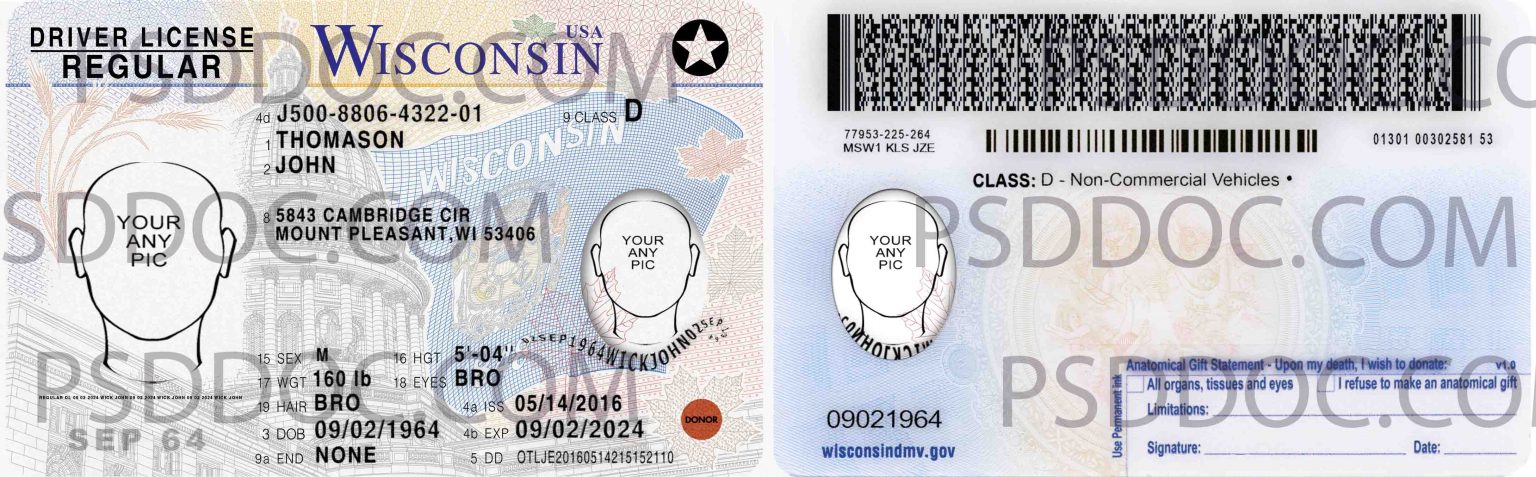 USA Wisconsin Driver License front back sides - PSD Store